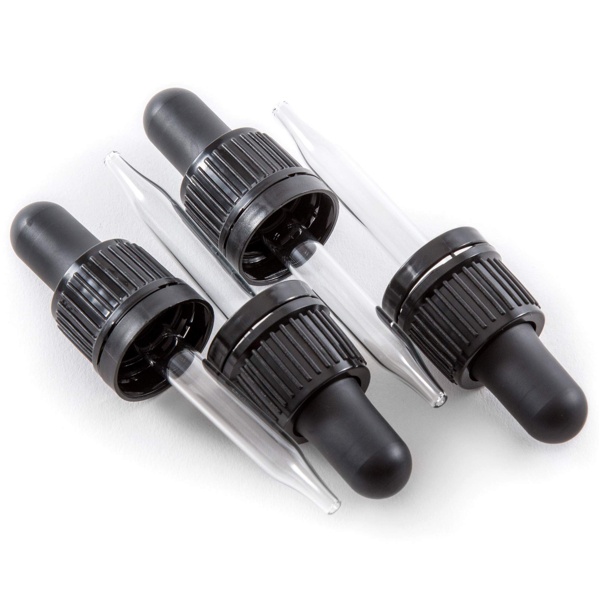 Plant Therapy Glass Droppers, 4 Pack | Use With 10 mL Essential Oil Bottle | Black Bulb Polypropylene Plastic Cap With Straight Glass Pipette Dropper, Tamper Evident Seal