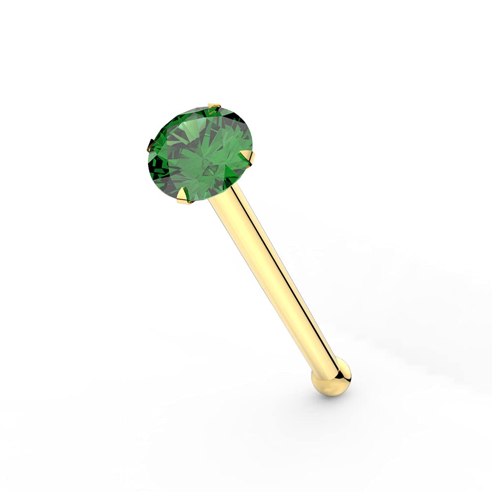 AtoZ Piercing - 9 Karat Solid Yellow Gold Claw Set 2MM Emerald Crystal Stone 22 Gauge Ball End Nose Stud Jewelry