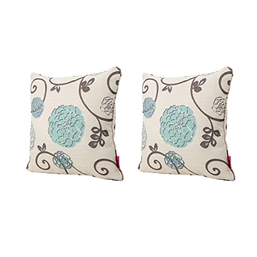Christopher Knight Home Josephine Mid-Century Modern Petite Fabric Sofa, Blue/Natural & Ippolito Fabric Pillows, 2-Pcs Set, White and Blue Floral