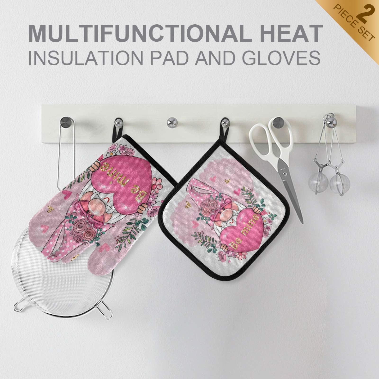 Be Mine Gnome Oven Mitts & Pot Holders 2pcs Happy Valentine's Day Kitchen Heat Resistant Non-Slip Potholders Set for Cooking Baking BBQ,Wedding Gifts