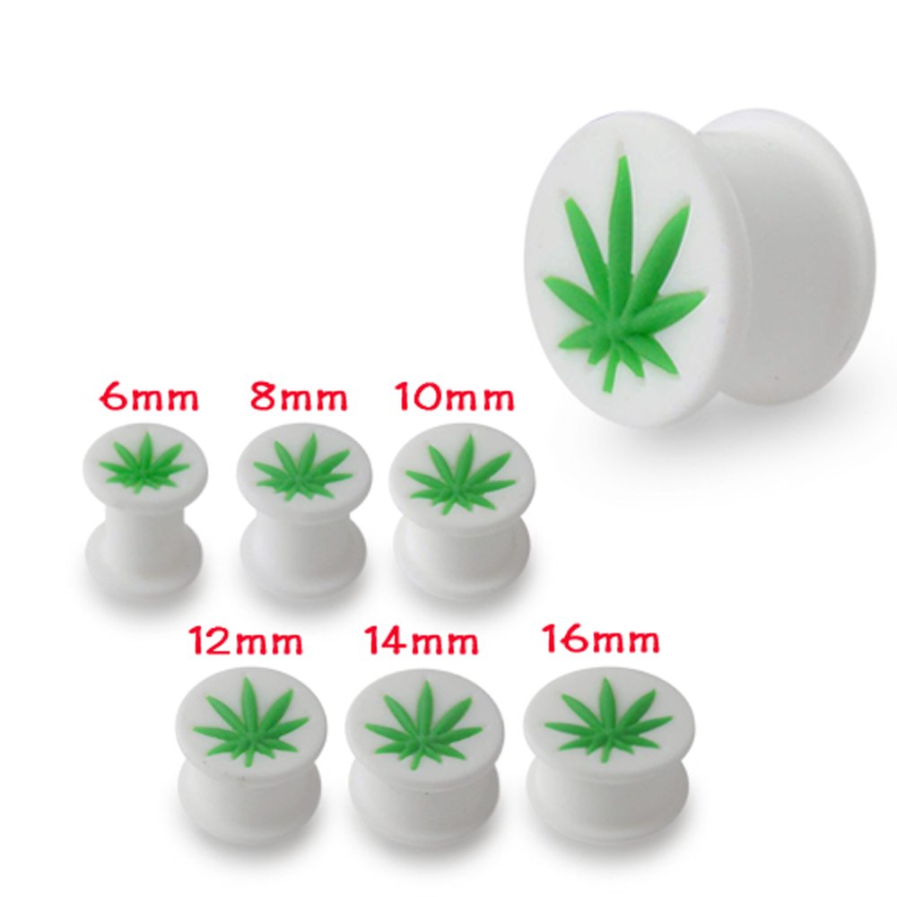 AtoZ Piercing 00 Gauge - 10MM Embossed Green Marijuana on Soft and Flexible White Silicone Double Flared Ear Plug - Sold by Piece