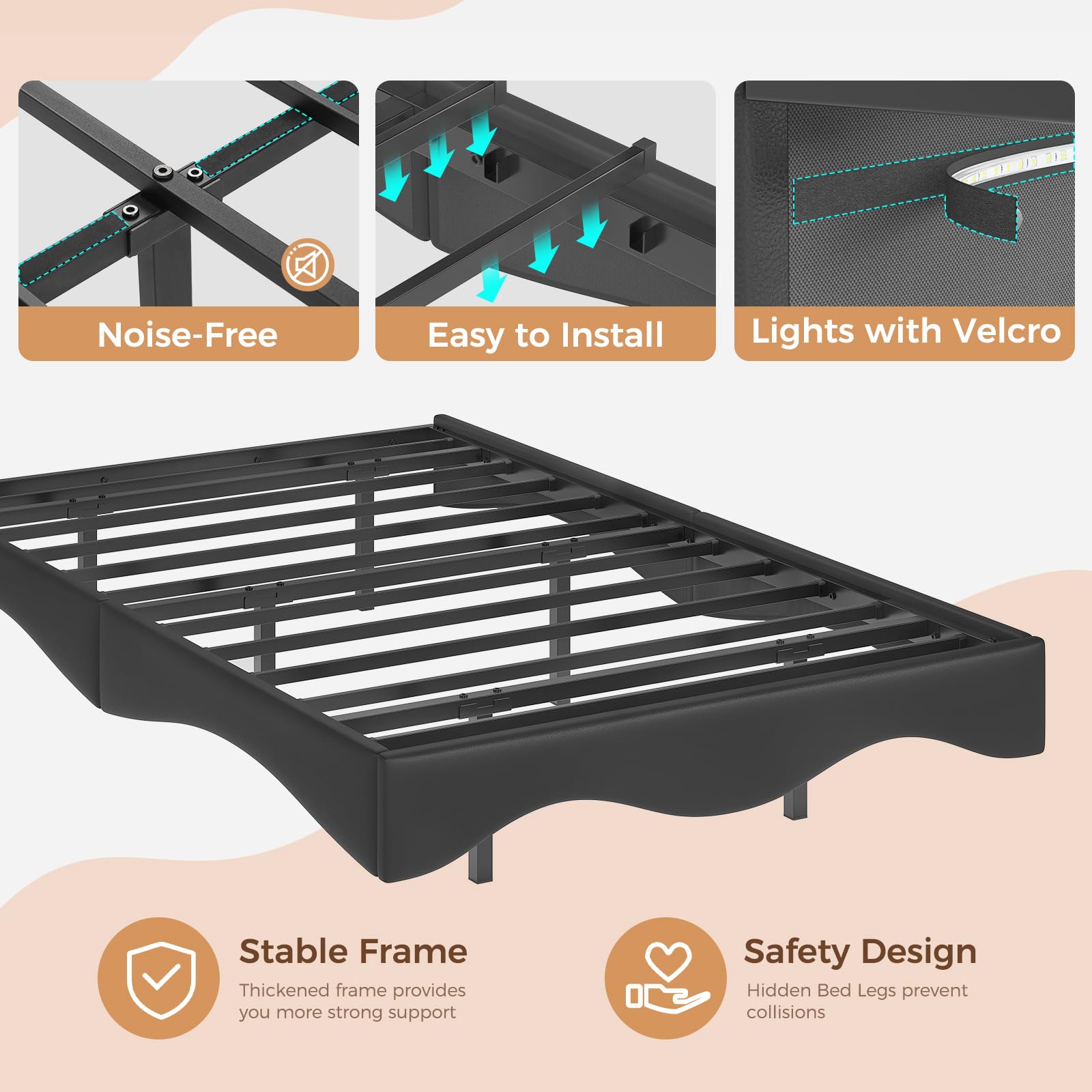 AOGLLATI Floating Bed Frame Twin Size with Charging Station & LED Lights, Platform Twin Bed Frame with Leather Wave Molding and Stable Structure,No Box Spring Needed, Black
