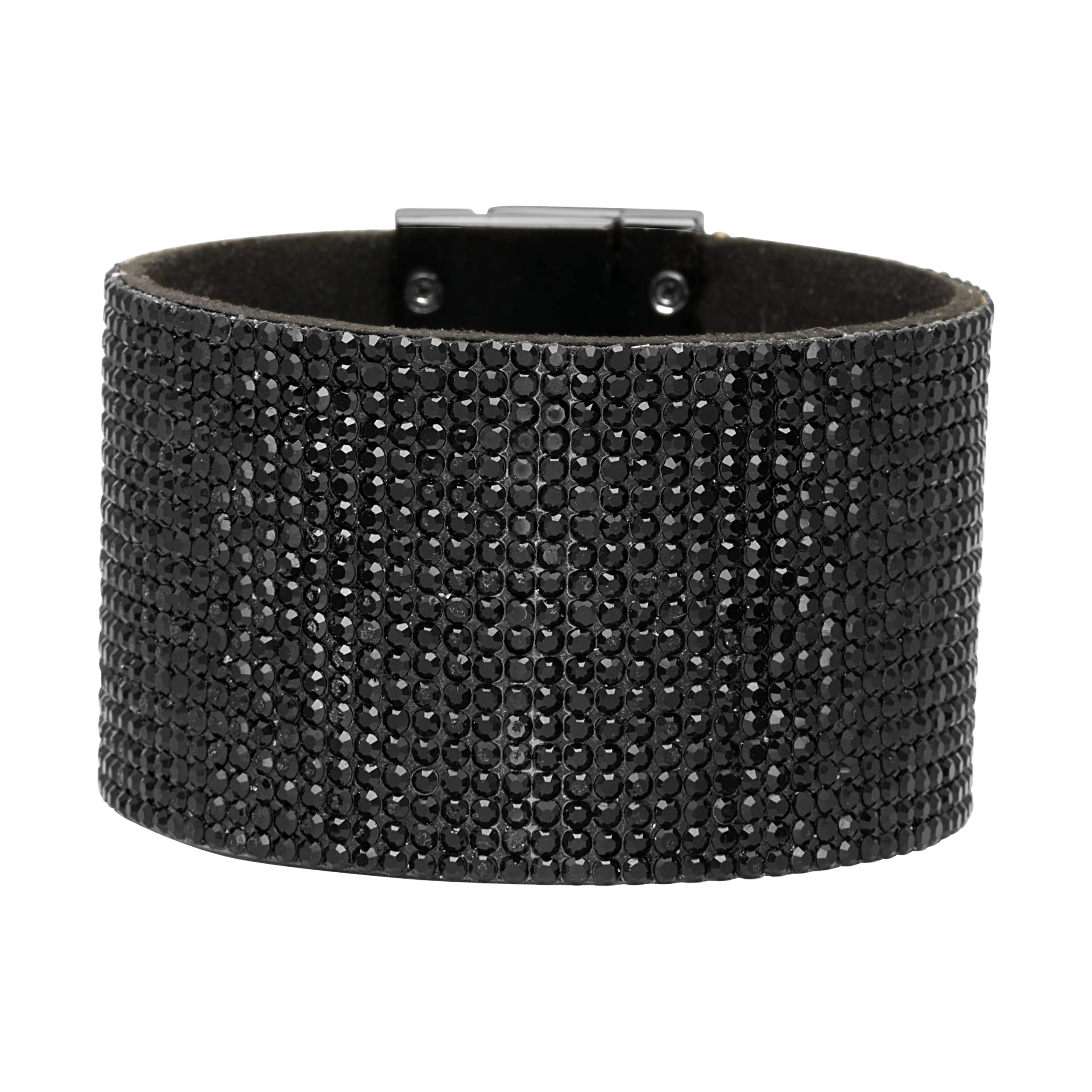 Badgley Mischka Women's Bracelet - Crystal Studded Leatherette Box Clasp Bangle Cuff Wrap Wristband, Hematite
