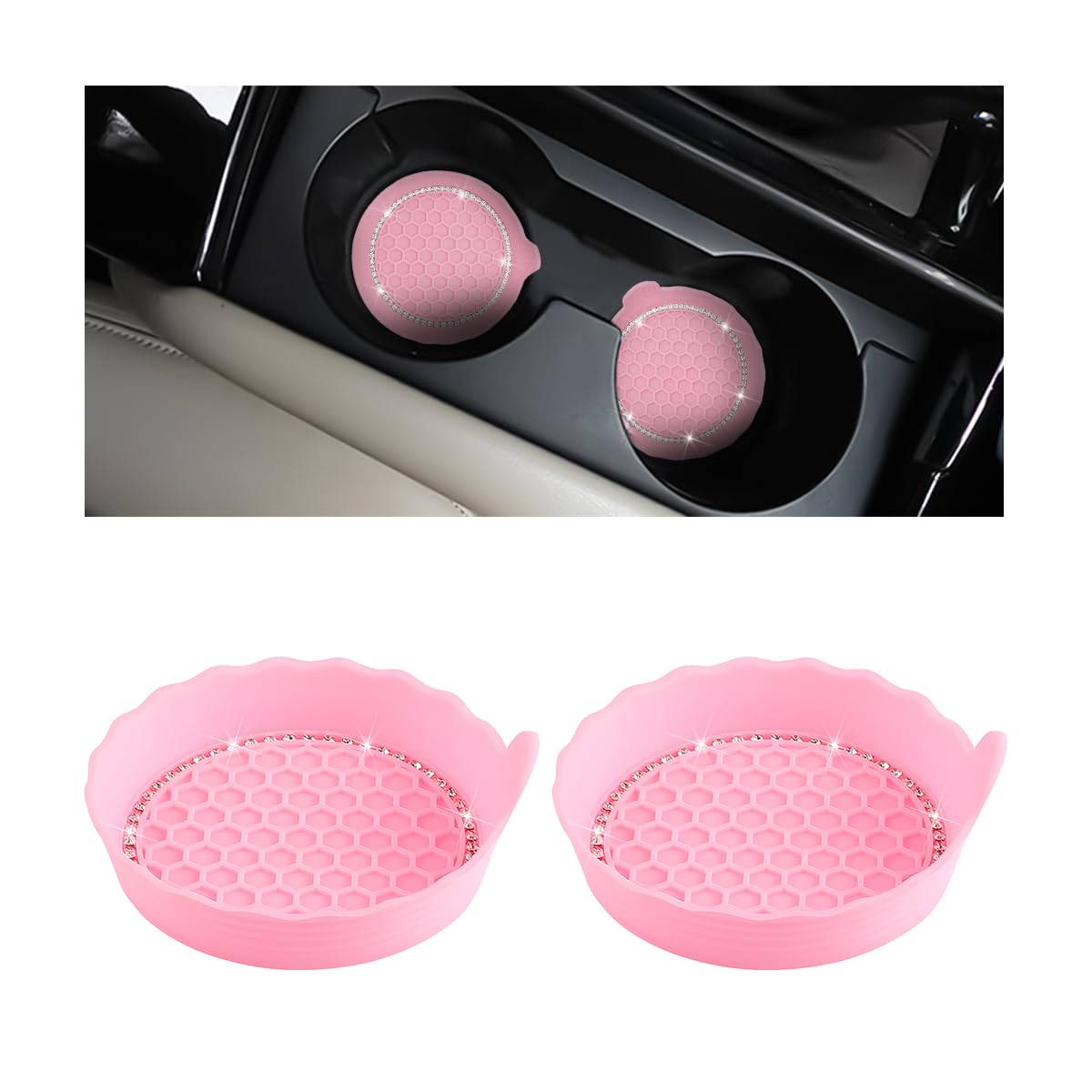 Bittwee 2PCS Bling Car Cup Holder Coaster, Silicone Anti-Slip Insert Drink Cup Mat, Crystal Rhinestone Auto Interior Accessories, 2.75 Inch Universal for Cars, RVs, Trucks and More(Pink/2PCS)