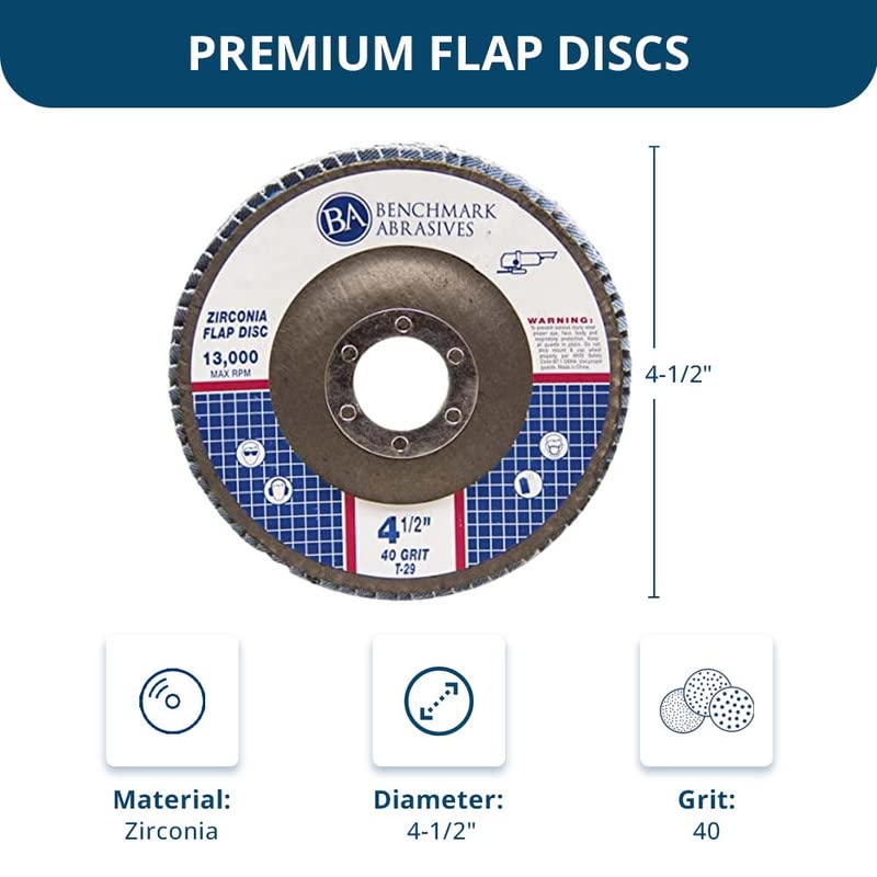 Benchmark Abrasives 4.5" Premium Zirconia Type 29 Flap Discs Grinding Wheels for Sanding Stock Rust Removal Finishing Grinding Deburring Stainless Steel, 7/8" ArborĀ (10 Pack) - 40 Grit