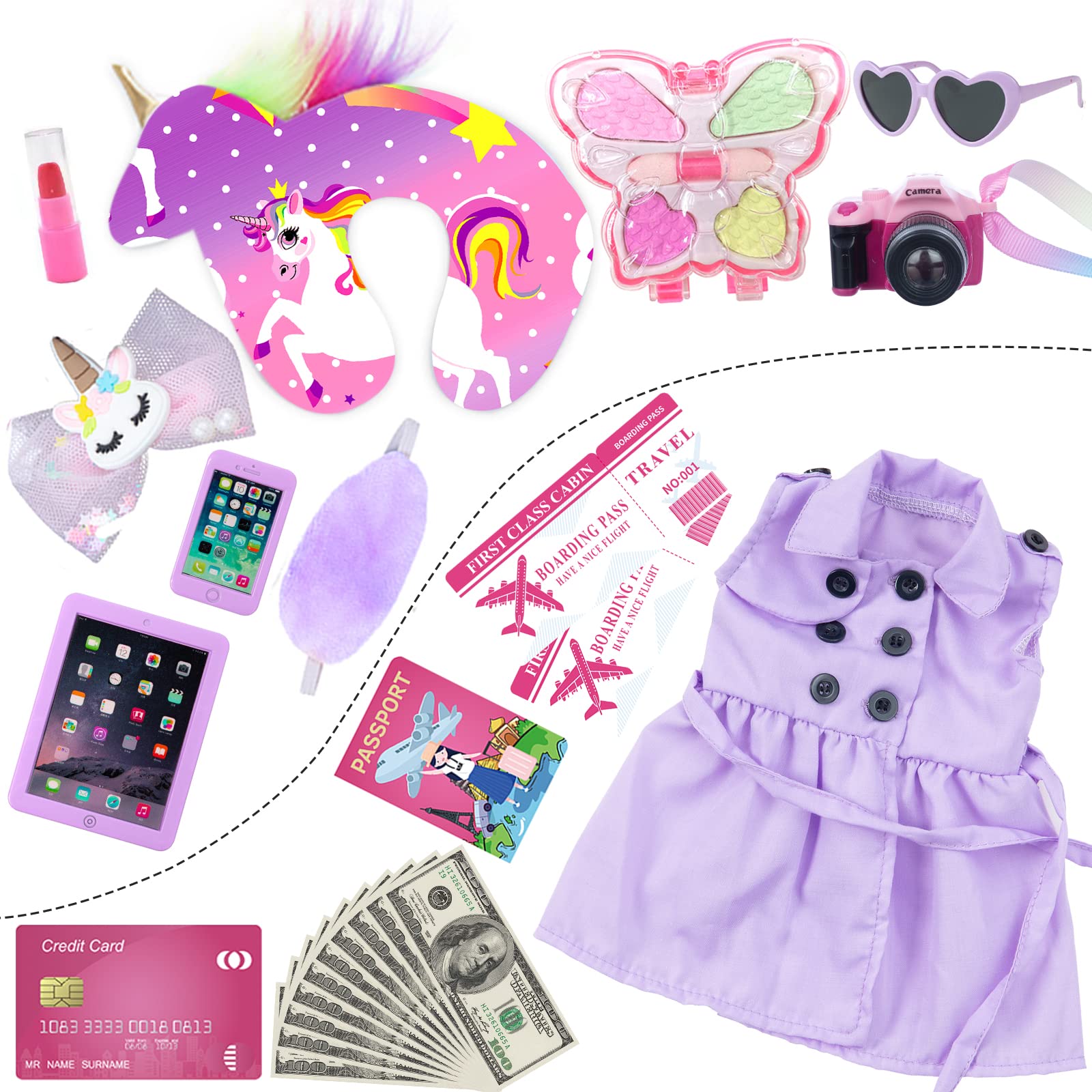 BDDOLL 25 Pcs American Clothes Accessories - Travel Suitcase Play Set for 18 Inch Doll with Clothes, Suitcase, Camera, Phone, Sungasses, Makeup Toy