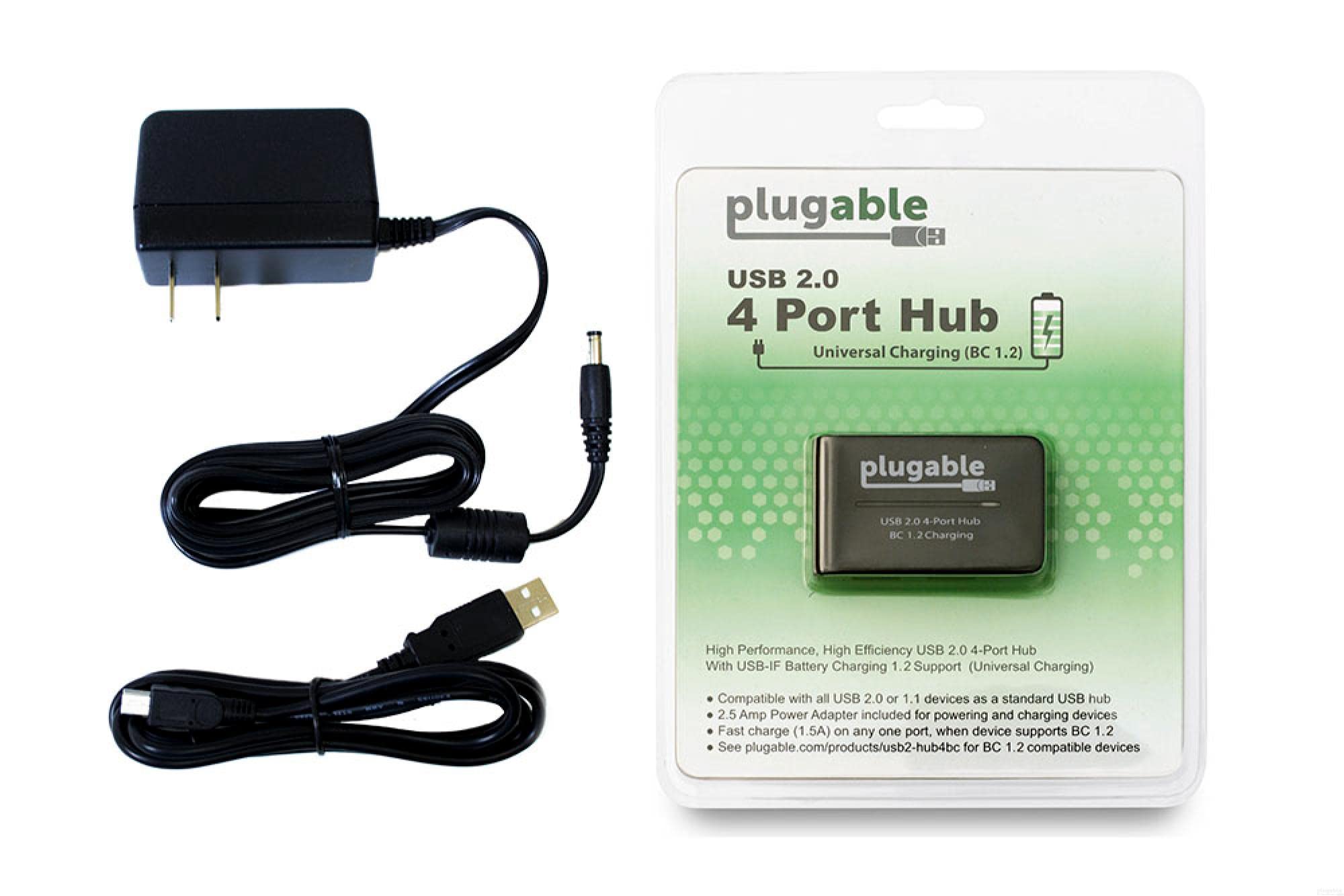 Plugable USB 2.0 4-Port High Speed Hub with 12.5W Power Adapter, Driverless