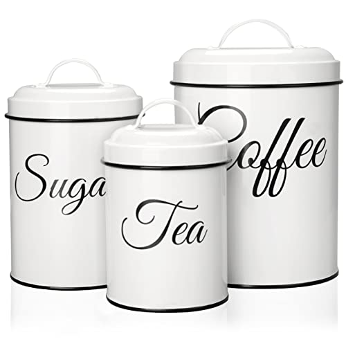 Cibeat Canister Set for Kitchen Counter, Airtight White Vintage Canisters Sets, 3pcs Rustic Farmhouse Kitchen Decor, for Coffee, Flour, Sugar, Tea Storage