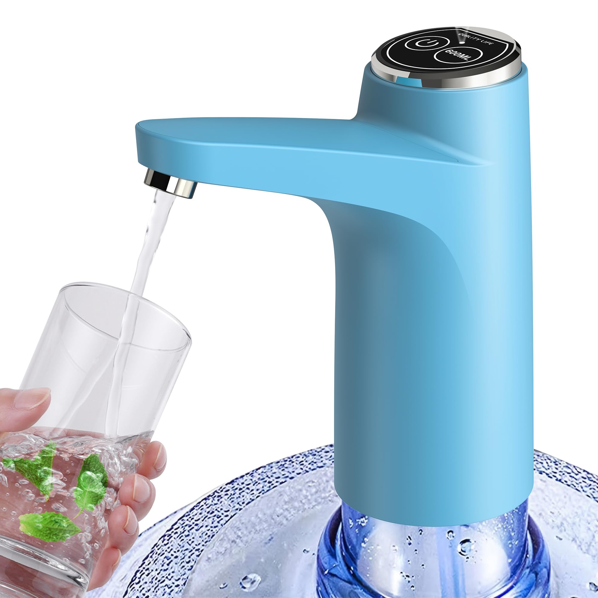 BIMVER Water Dispenser for 5 Gallon Bottle, 600ml Quantitative Water Pump,2 Colors Power Light,Portable USB Charging Bottle Pump,Multipurpose Dispenser for Home Camping for 2-5 Gallon, Sky Blue