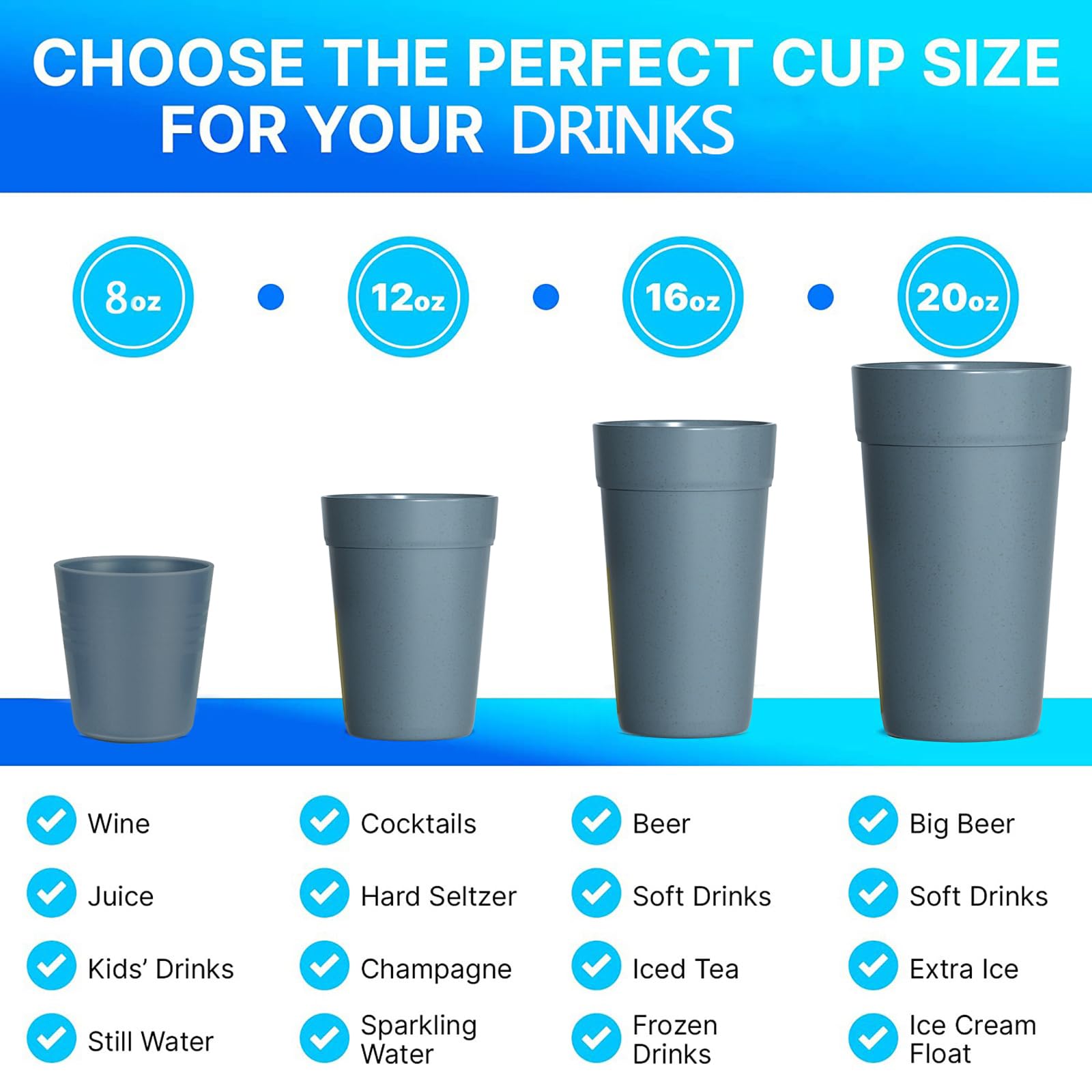 Unbreakable 12 Ounce Wheat Straw Cups, 8 Pieces Stackable Water Drinking Cup, Light Weight Water Tumblers for Soda, Tea, Beer, Iced Coffee, BPA Free Dishwasher Microwave Safe Smoothies Cups