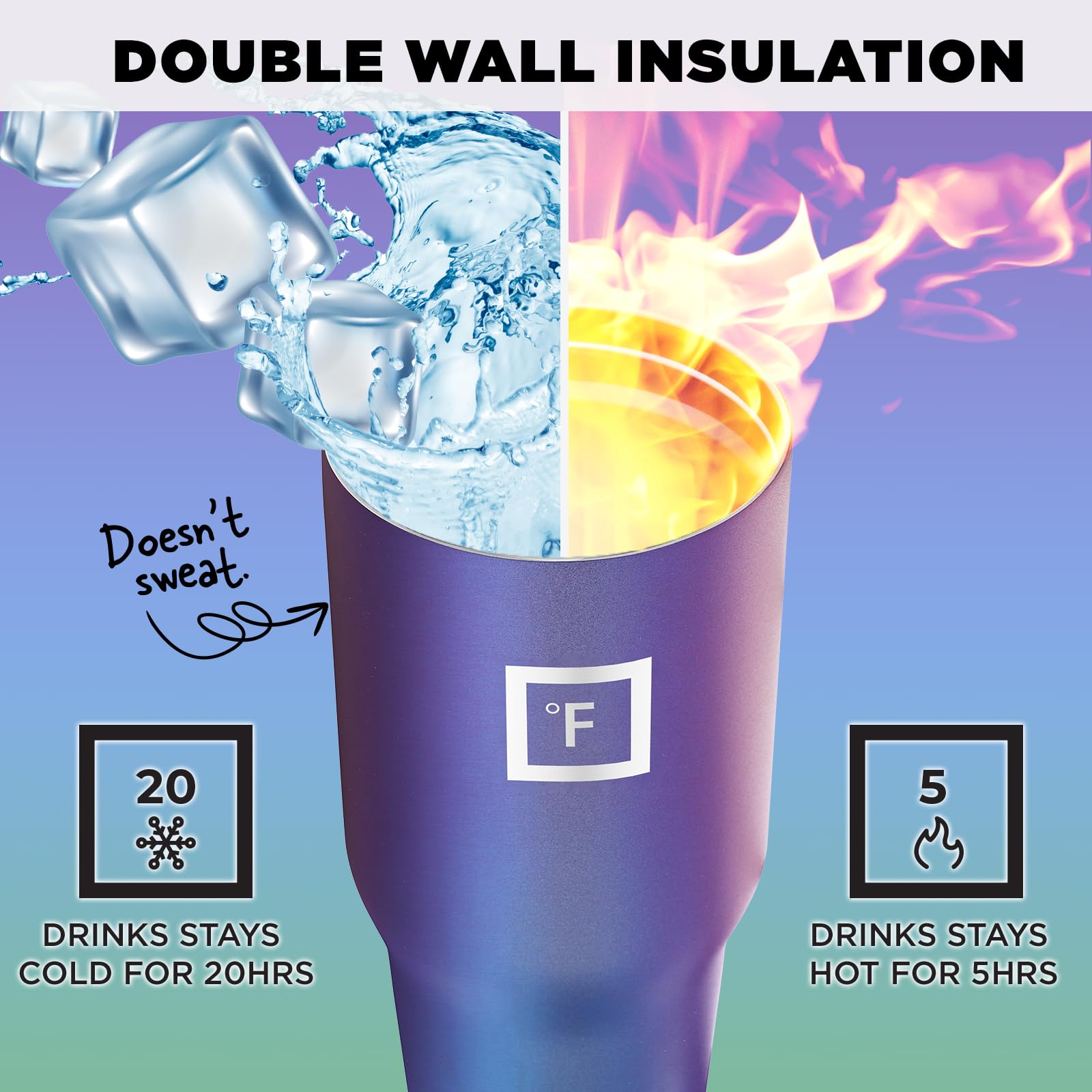 IRON °FLASK Sidekick Insulated Water Tumbler w/Straw & Foldable Handle - Stainless Steel Leak-Proof Bottle, Non-Slip Base & Fits Cup Holders for Hot, Cold Drinks - Travel Mug - 30 Oz, Aurora