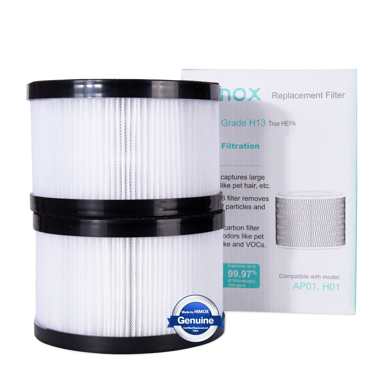 HIMOX AP01 Air Purifier Replacement Filter, Genuine H13 True HEPA (99.97%), Ultra Quiet Air Cleaner Purifier with 3-Stage Filtration for Home Bedroom Office (2 Pack)