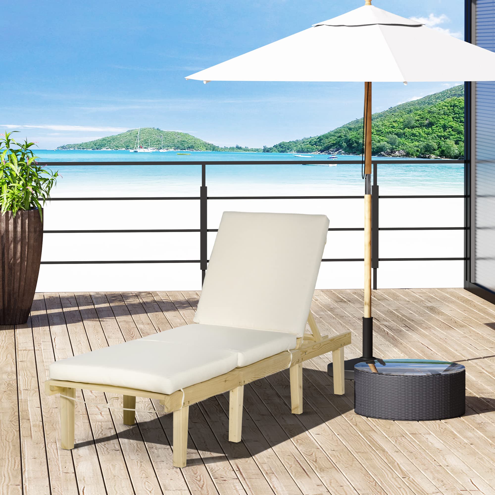 Outsunny Chaise Lounge Chair for Outdoor, Patio Recliner with 4-Position Adjustable Backrest and Cushion for Deck, Beach, Lawn and Sunbathing, Natural