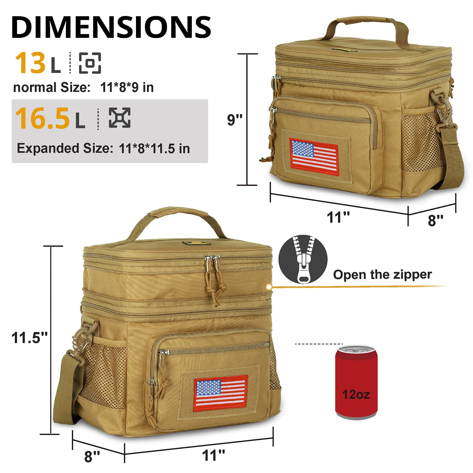 ATRIPACK Lunch Bag for Men, Double Deck Tactical Lunch Box Work with Shoulder Strap MOLLE Webbing Large Lunch Cooler Leakproof Insulated (Brown)