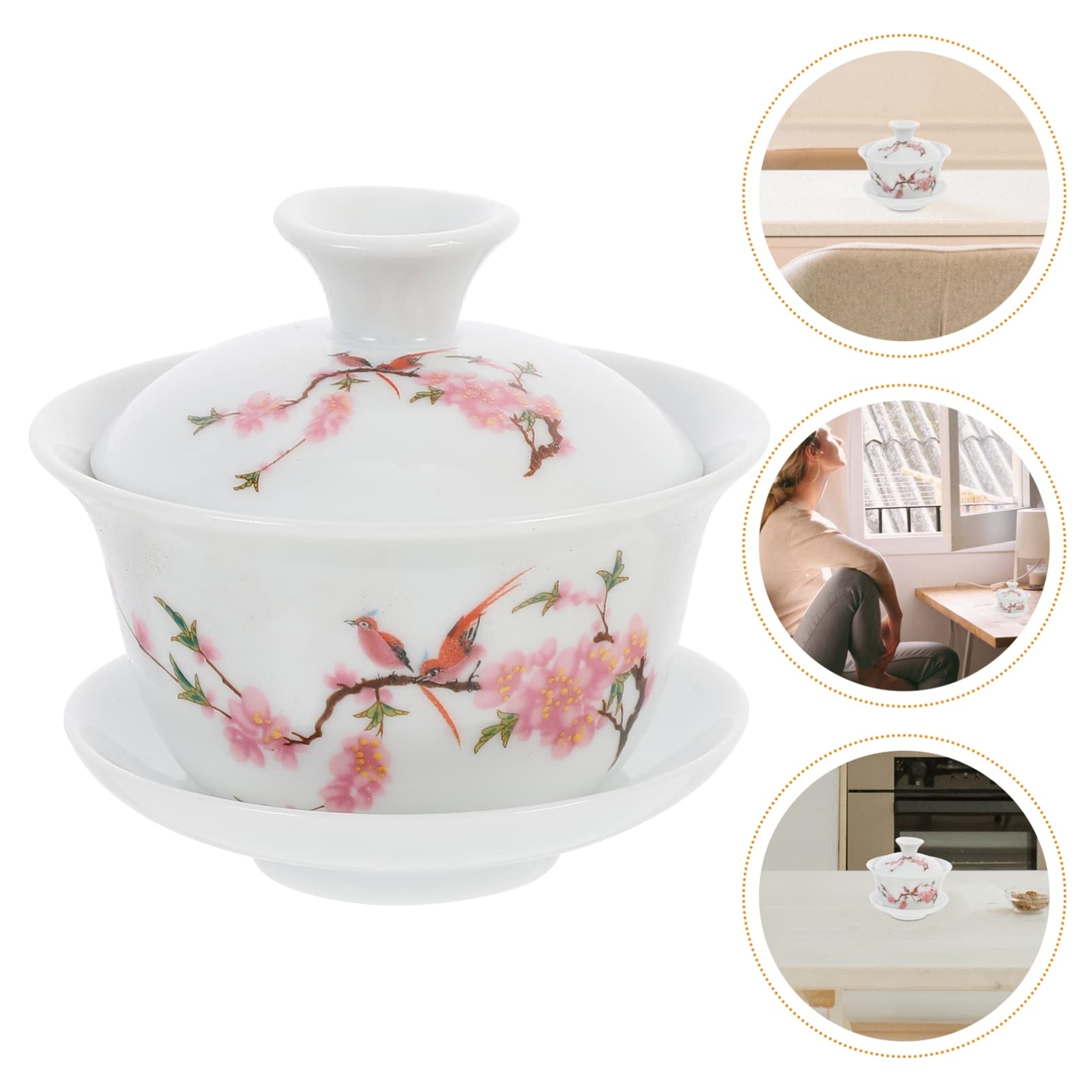 BESPORTBLE Gaiwan Tea Cup Kung Fu Tea Service Set Gong Fu Teacup with Lid and Saucer Chinese Style Ceramic Gaiwan Flower Tradition Sancai Tea Cup Bowl Gift