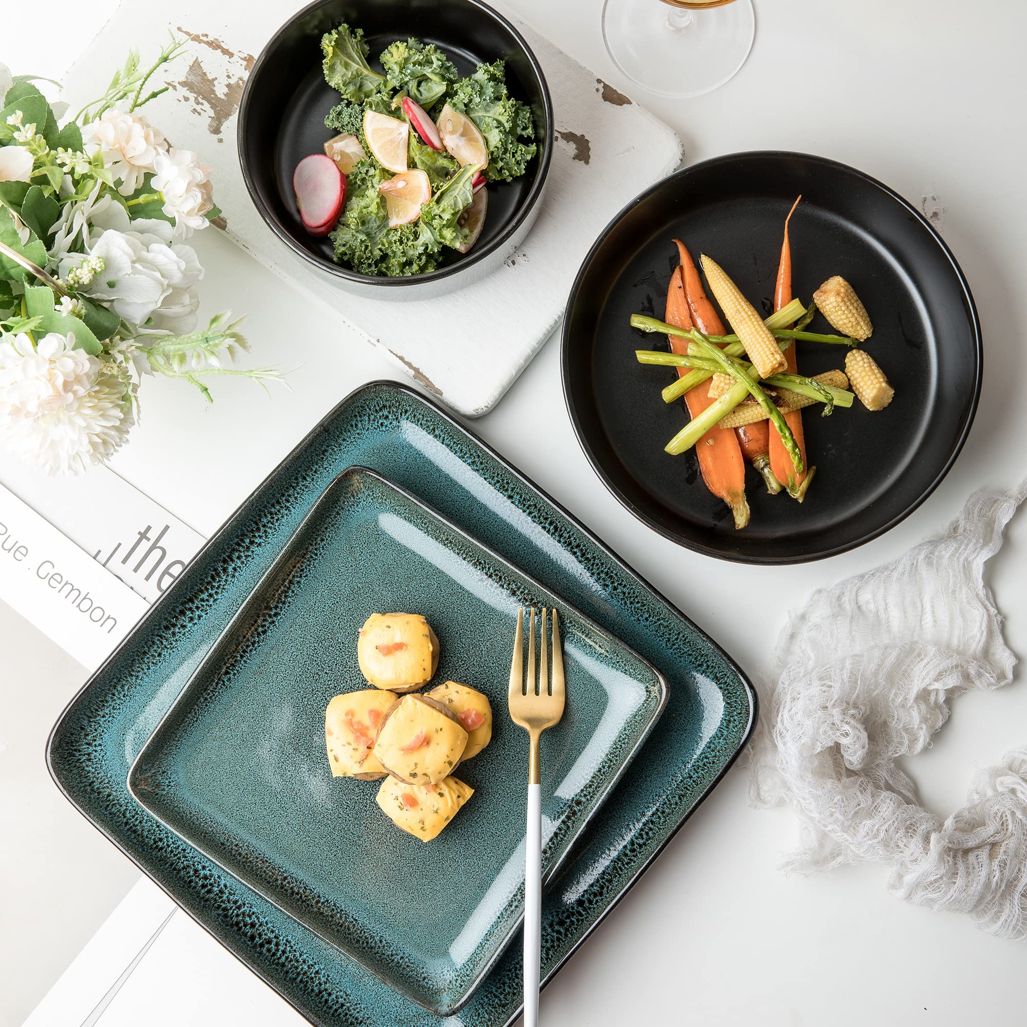 Arora FLACKAR Square Stoneware 16pc Dinnerware Set for 4, Dinner Plates, Side Plates, Cereal Bowls, Mugs - Reactive Glaze Turquoise (497248)