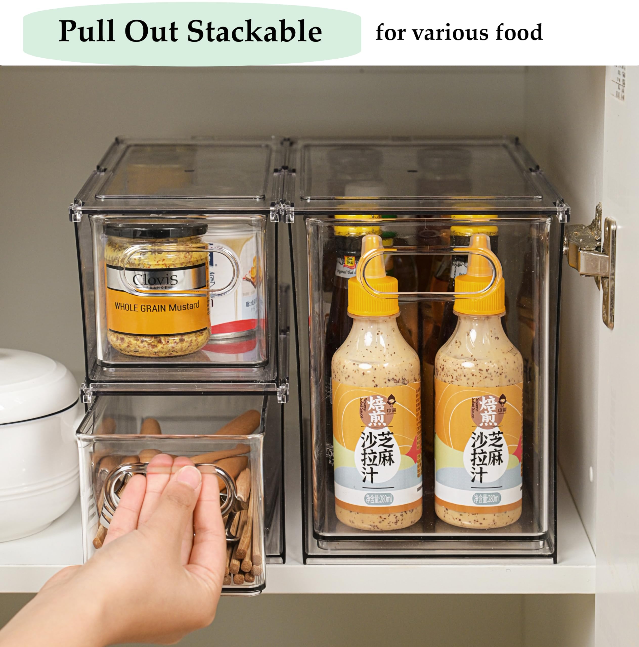 YouLike 2pack Clear Pull-Out Bin Stackable Refrigerator Organizer Drawer Plastic Cabinets Pantry Storage Containers for Bedrooms Home Office Closet & Shoe Organization(13.5”x8.5”x4.5”)