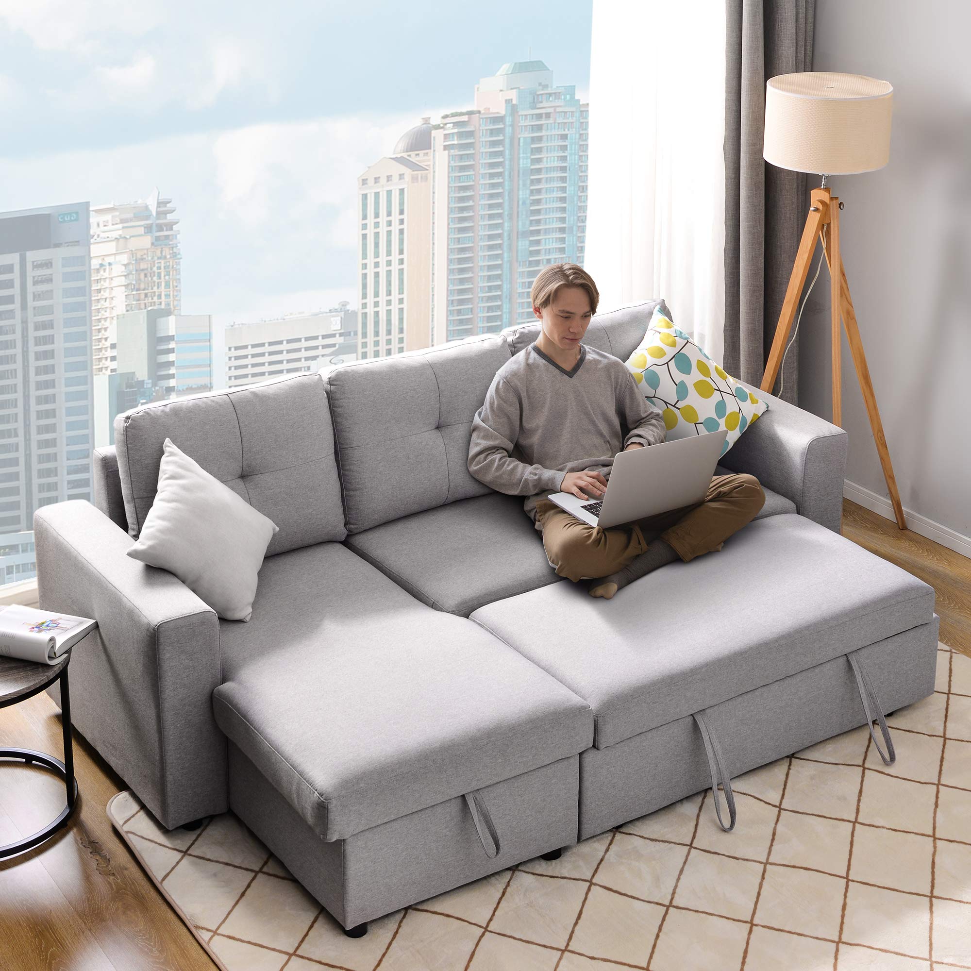 Longrune Reversible Sectional Sofa Bed with Pull Out Sleeper, Corner Storage Chaise Couch for Living Room & Apartment, L-Shaped, 90inch, Gray