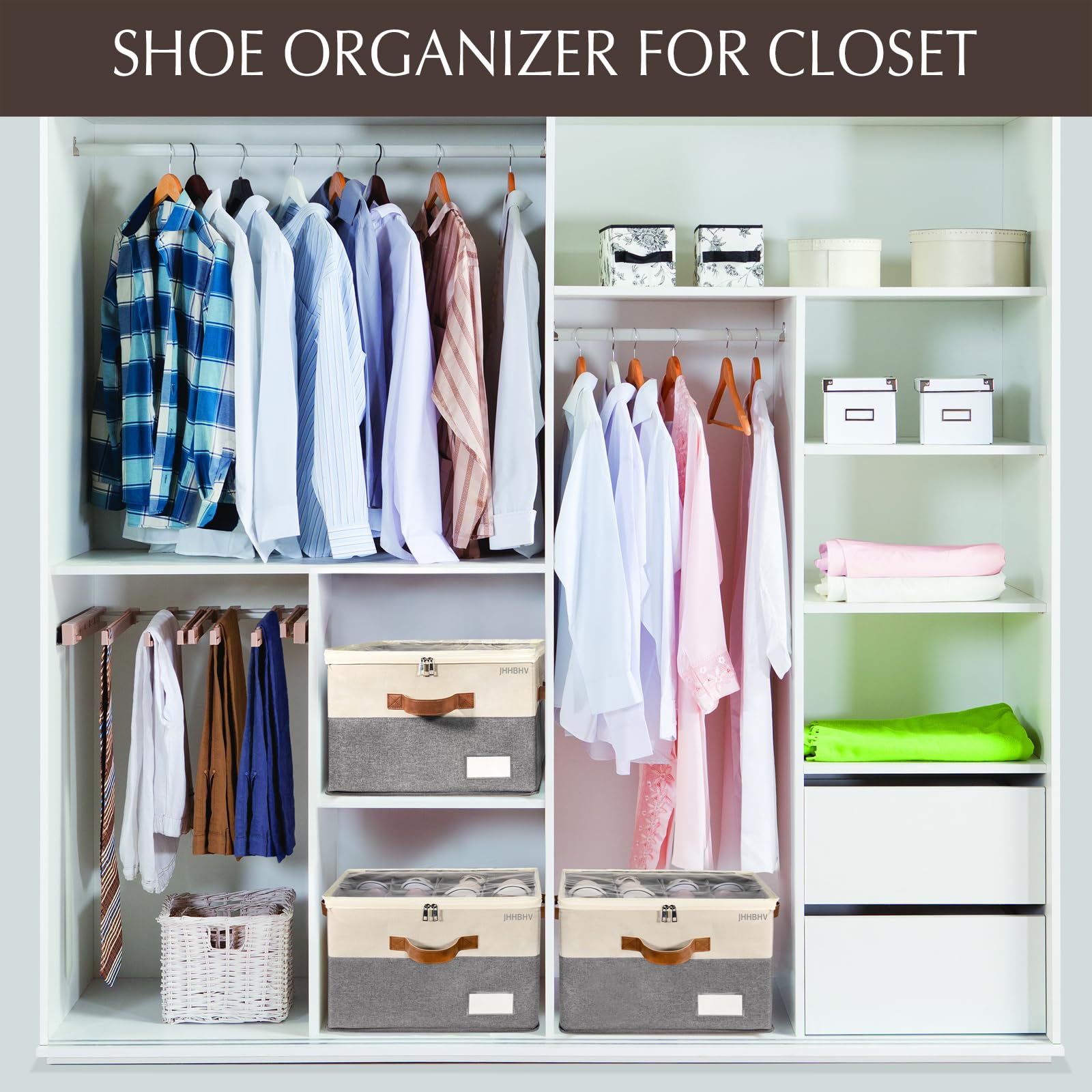 LZOTIC Shoe Organizer for Closet, Adjustable Shoe Box Storage Containers, Large Foldable Shoe Storage Bins with Clear Cover, Space Saving Shoes Holder with 4 Handles, Fits 8-16 Pairs, 1 Pack, Beige