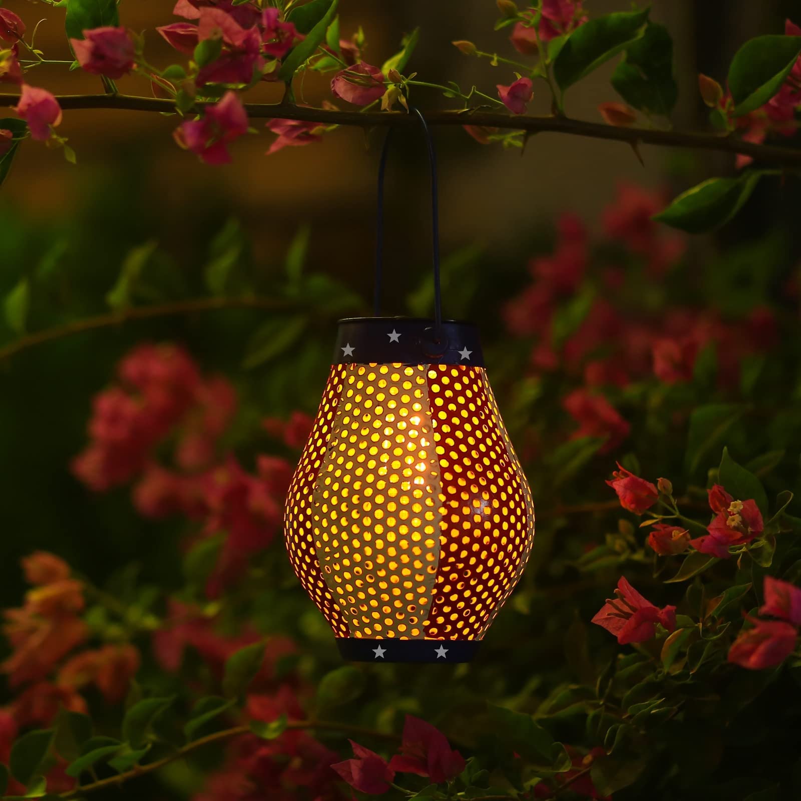 YQLEPIN Outdoor Solar Landscape Lighting Made of Metal - Waterproof Hanging Vintage Rustic Lantern(Red and Blue)