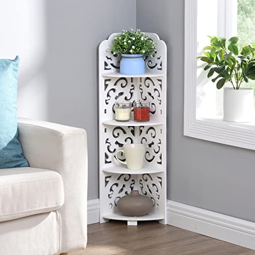 Corner Shelf Stand,Bathroom Storage 4 Tier Organizer Great for Small Bathroom Storage,Small PVC Corner Shelf Perfect for Small Space,Waterproof Bathroom Stand Also Use for Toilet Paper Stand,White