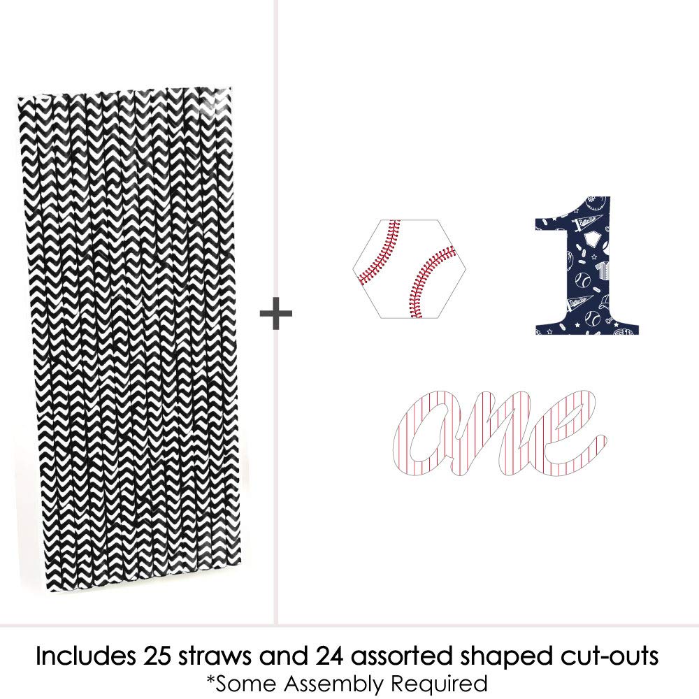Big Dot of Happiness 1st Birthday Batter Up - Baseball - Paper Straw Decor - First Birthday Party Striped Decorative Straws - Set of 24