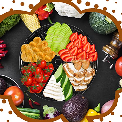 Baderke 10 Pack 10 Inches Round Plastic Serving Tray 6 Sectional Plastic Appetizer Tray with Lid Clear Food Platters Round Platter Container Veggie Fruit Organizer for Party and Buffet (Black)