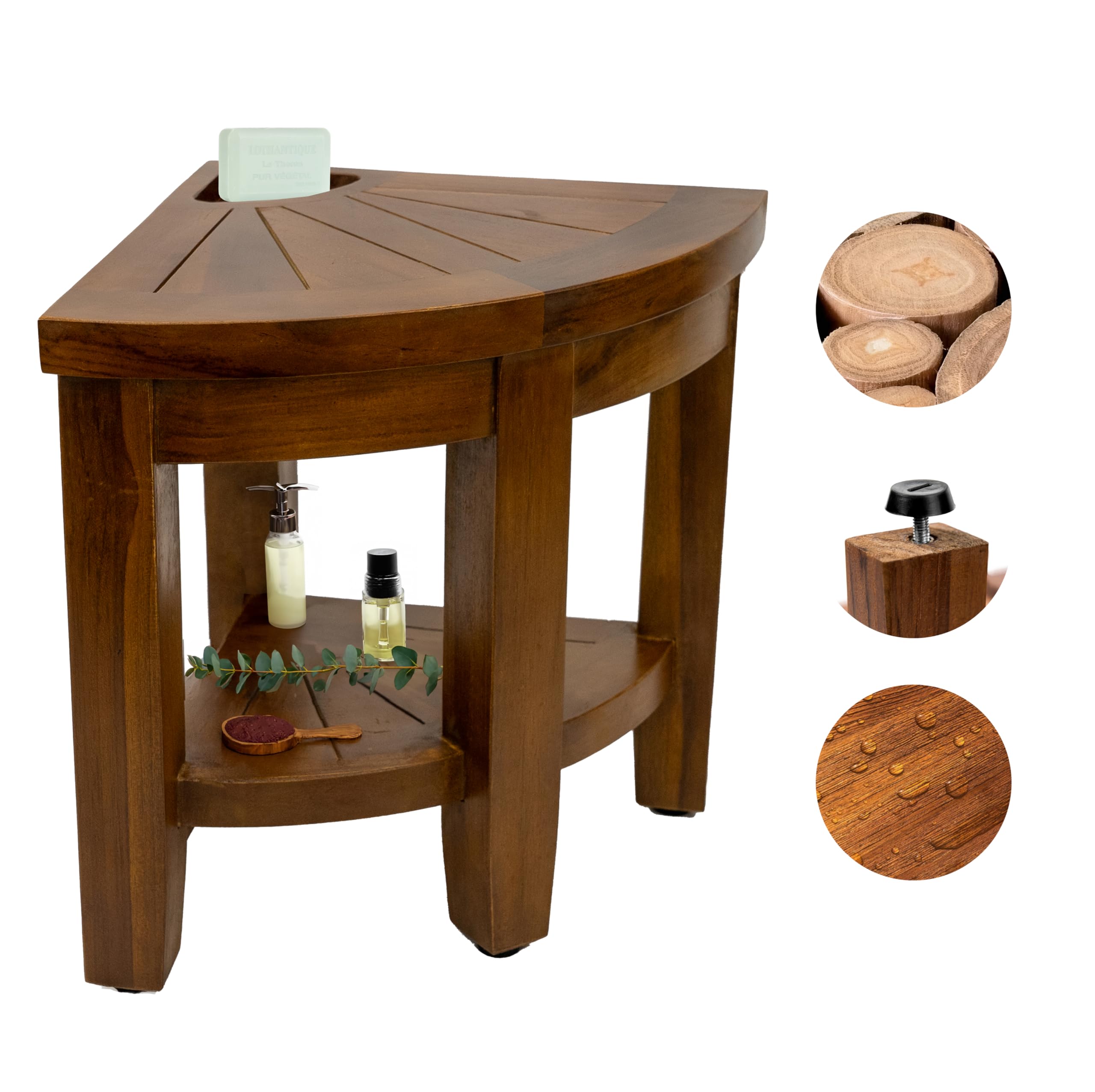Teak Corner Shower Bench - Fully Assembled 14 inch Corner Teak Shower Bench | Waterproof Shower Stool for Shaving Legs | Non-Slip Multi-Purpose Corner Shower Stool for Bathroom, Patio, Living Room