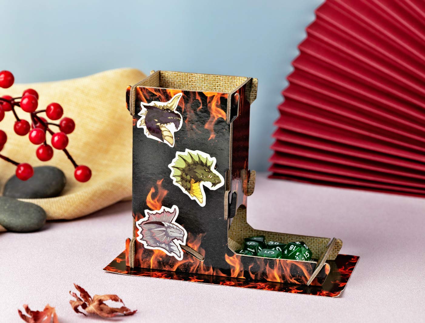 Dice Tower Kit Printed with Fire Design DND Dice Roller with Dragon Stickers for RPG, MTG and D&D Pathfinder Games…