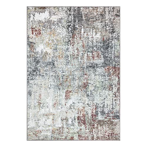 Bloom Rugs Washable Non-Slip 3' x 5' Rug - Gray/Red/Brown Modern Abstract Area Rug for Living Room, Bedroom, Dining Room, and Kitchen - Exact Size: 3' x 5'