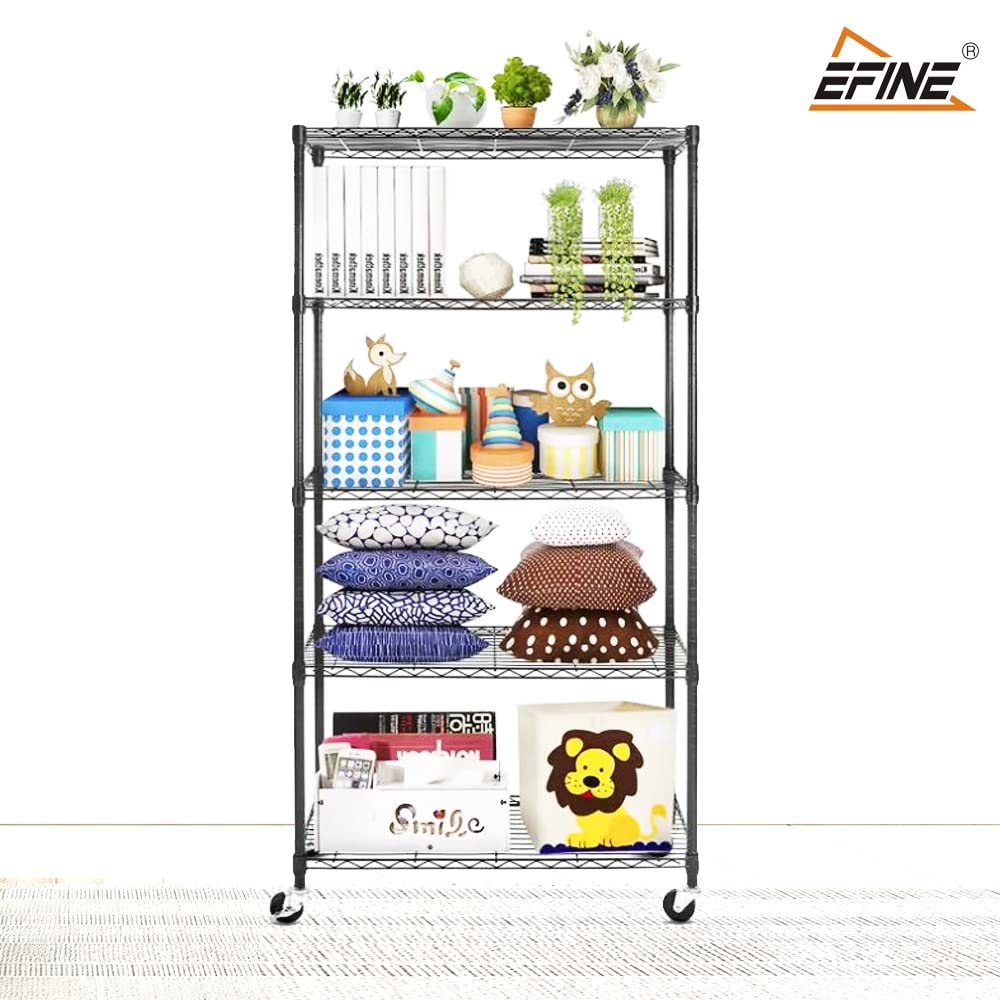 EFINE 5-Shelf Shelving Units and Storage on Wheels with Shelf Liners Set of 5, NSF Certified, Adjustable Carbon Steel Wire Rack for Garage, Kitchen, Office(63H X 30W X 14D)