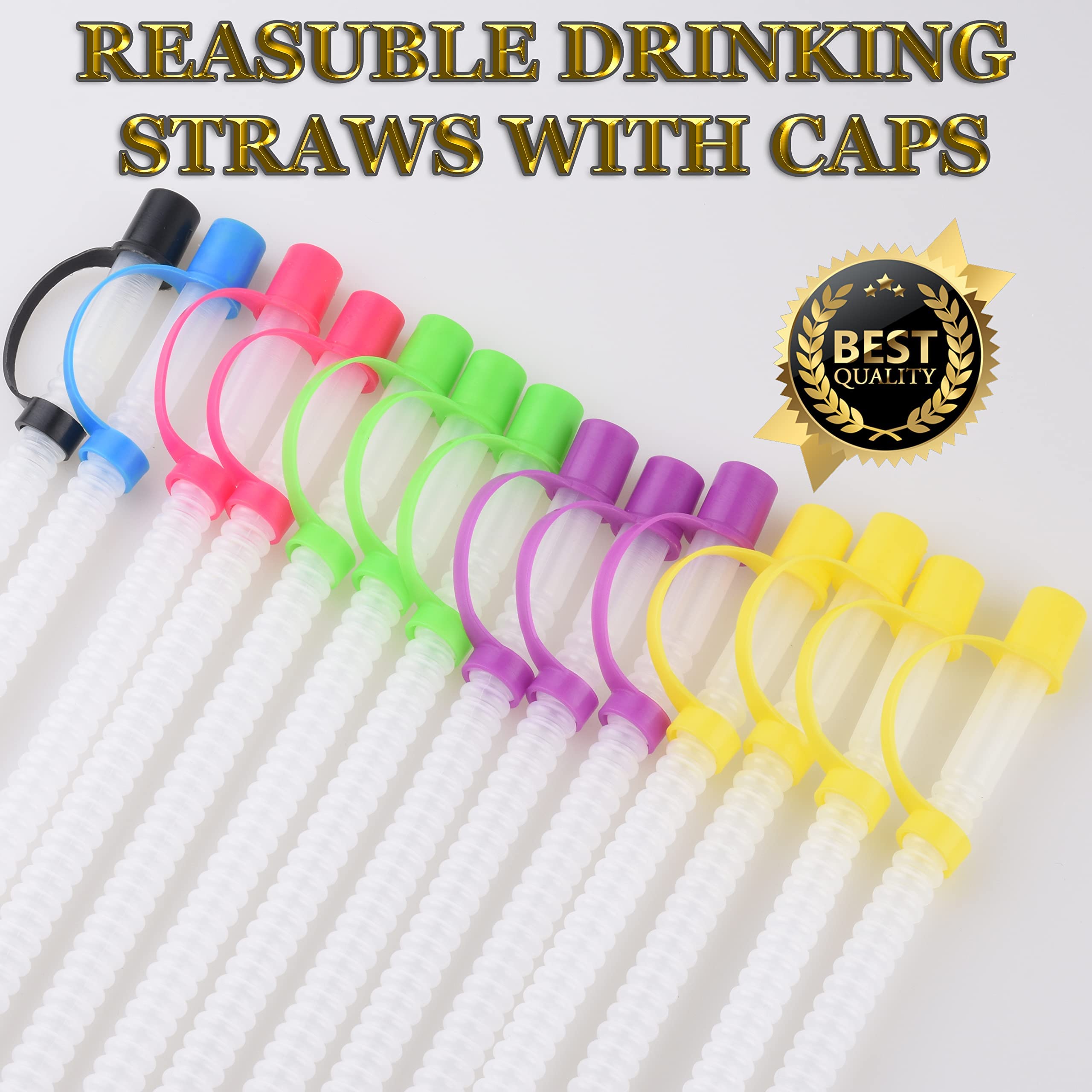 Bendable Straws with Straw Covers Cap - 11 inch Long Flexible Straws - Bendy Drinking Straws Reusable with Covers Cap Assorted Colors - 14 Pack