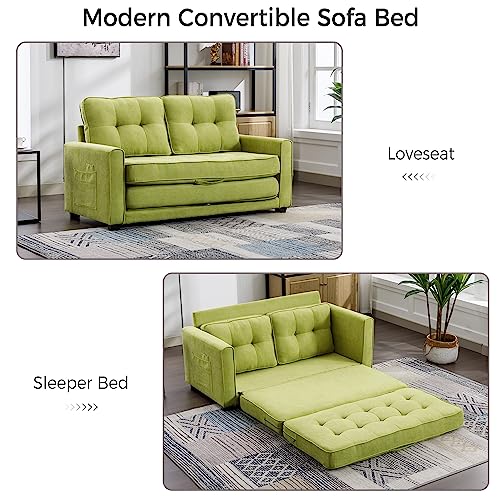 Merax 59.4" Loveseat Pull-Out Sofa Bed Modern Upholstered Couch with Side Pocket for Living Room Office,Green