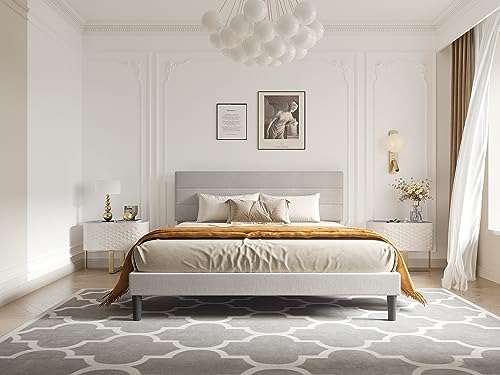 BONSOIR Queen Size Beige Color Modern Low Profile Upholstered Bed Frame with Tufted Headboard