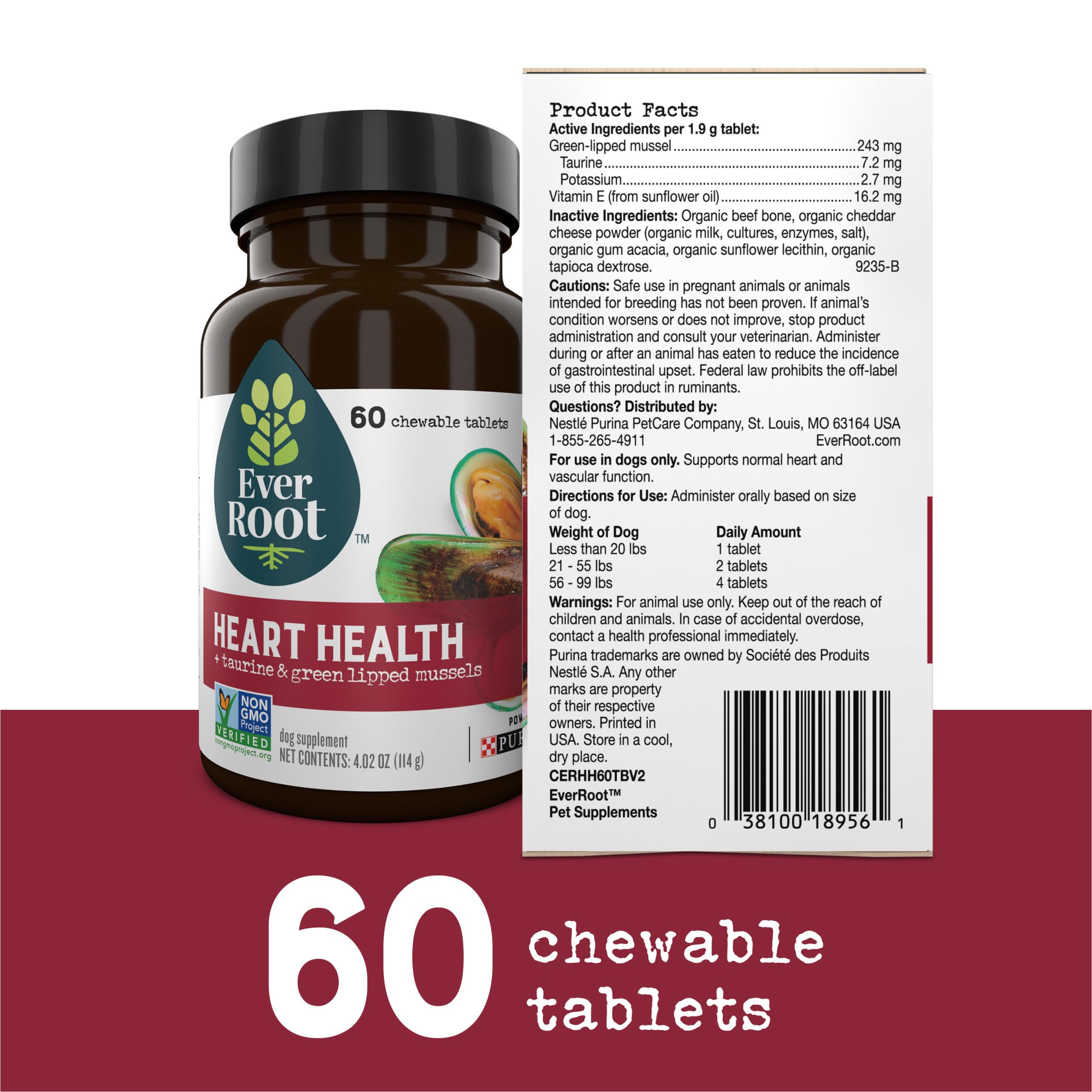 EverRoot Dog Heart Supplements Heart Health Chewable Tablets with Taurine and Green-Lipped Mussels - 4.02 oz. Canister