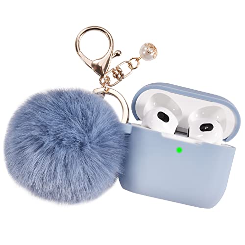 Case for Airpods 3 (2021), Filoto Apple Airpod 3 Generation Case Cover for Women Girls, Silicone Case for Air Pod 3rd Charging Case with Pompom Keychain Accessories (Gray Blue)