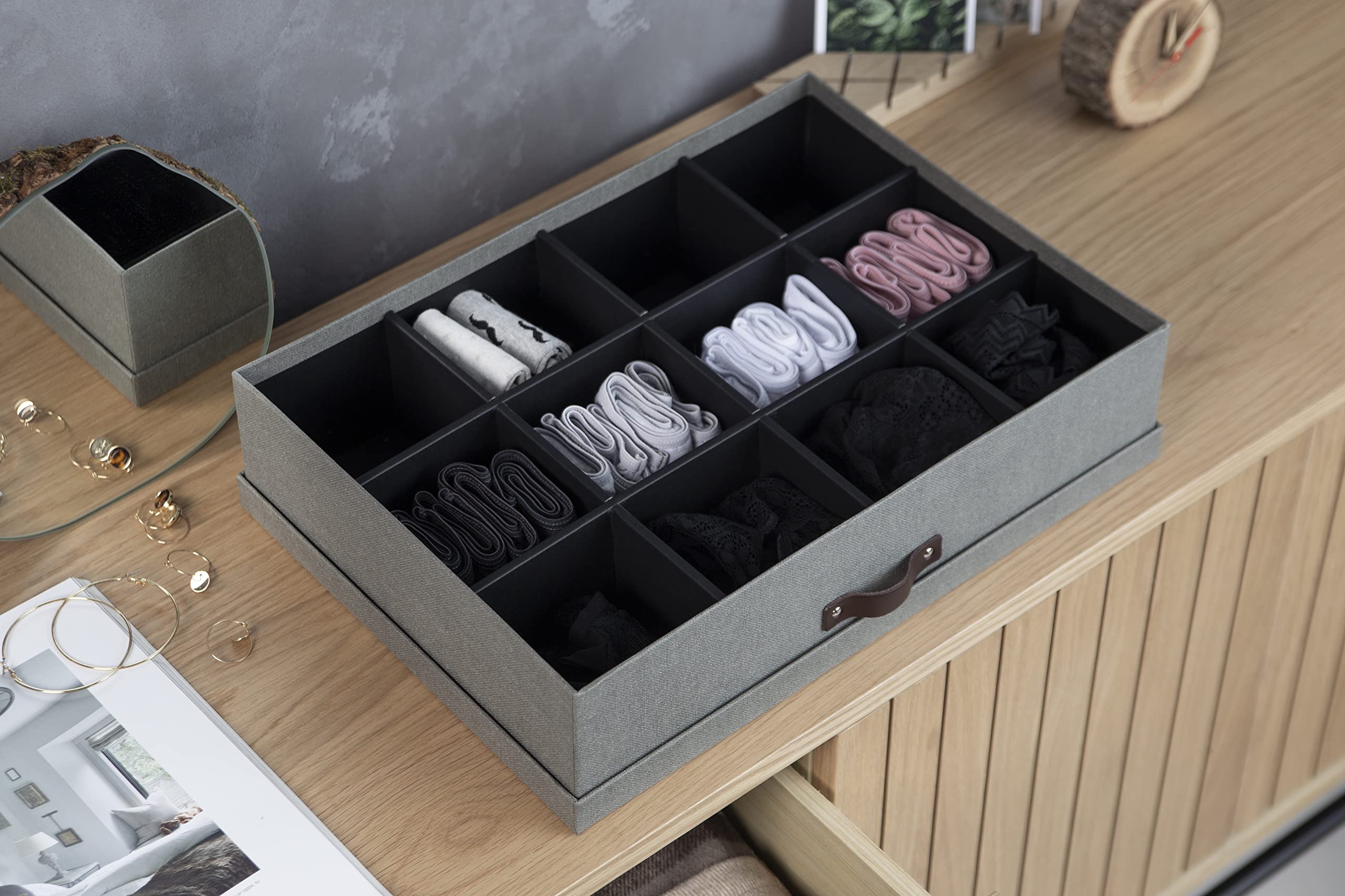 Bigso Box of Sweden Small Storage Box with 12 Compartments and Leather Handle - Fabric Storage Organiser for Shelves or Drawers - Drawer Organiser for Underwear, Socks, Jewellery, etc. - Grey