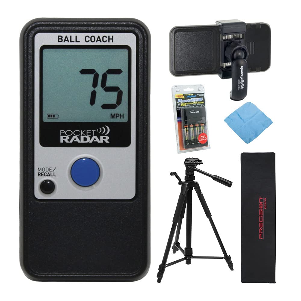 Pocket Radar Ball Coach/Pro-Level Speed Training Tool and Radar Gun Bundle with 360-Degree Rotating Tripod Mount and Tripod Stand with Carrying Bag and Rechargeable Batteries (3 Items)