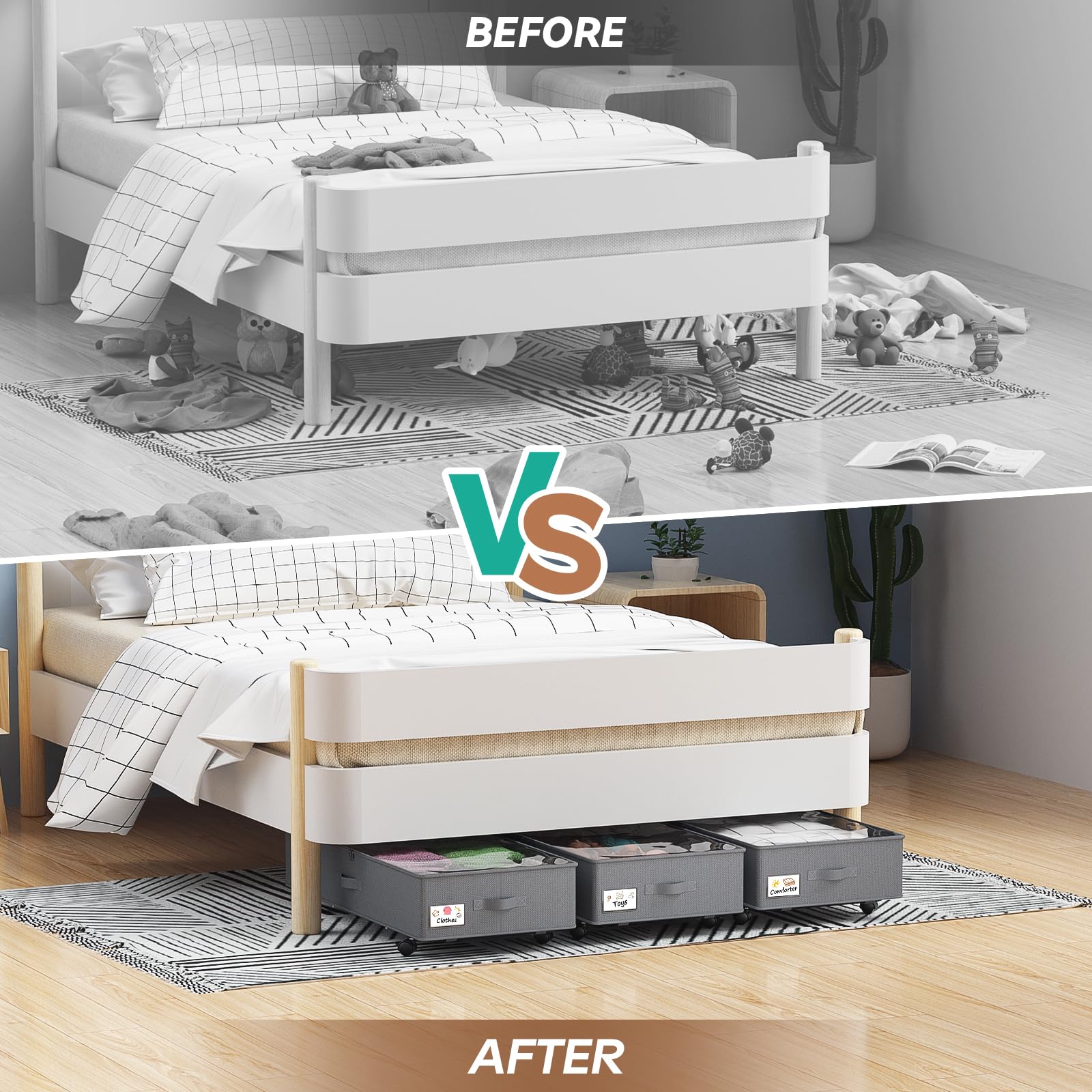 PHINOX Under Bed Storage Containers with Wheels, Under Bed Shoe Storage Bins Organizer with Clear Window Reinforced Handles, Large Underbed Storage Drawer for Clothes, Blankets, Sheet, Bedroom-2 Pack