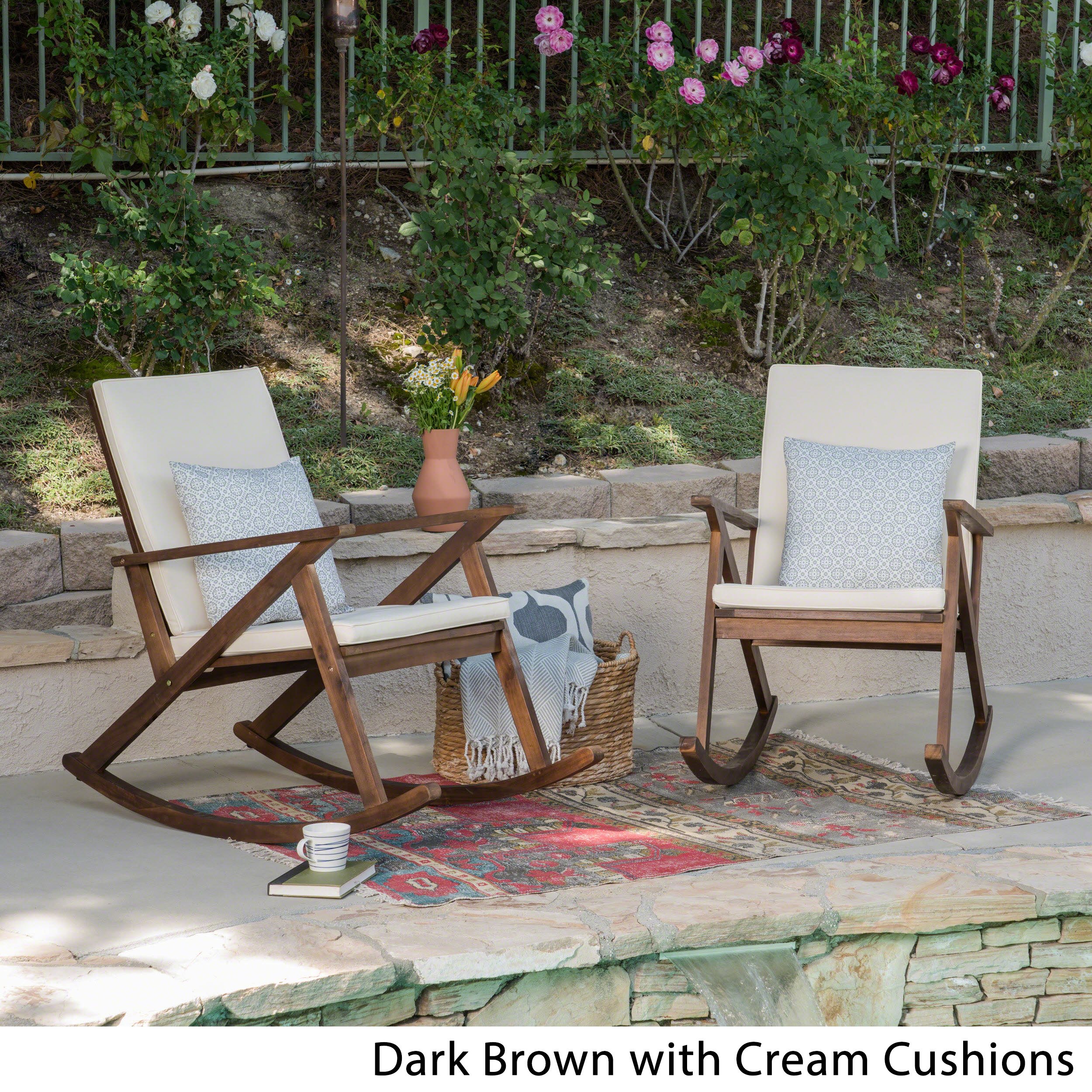 Christopher Knight Home 304347 Louise Outdoor Acacia Wood Rocking Chair (Set of 2), Dark Brown/Cream Cushion