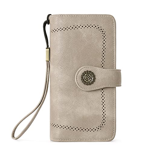 CLUCI Wallet for Women Leather Large Capacity Purse Wristlet Clutch RFID Blocking Credit Card Holder with ID Window Two-toned Gray