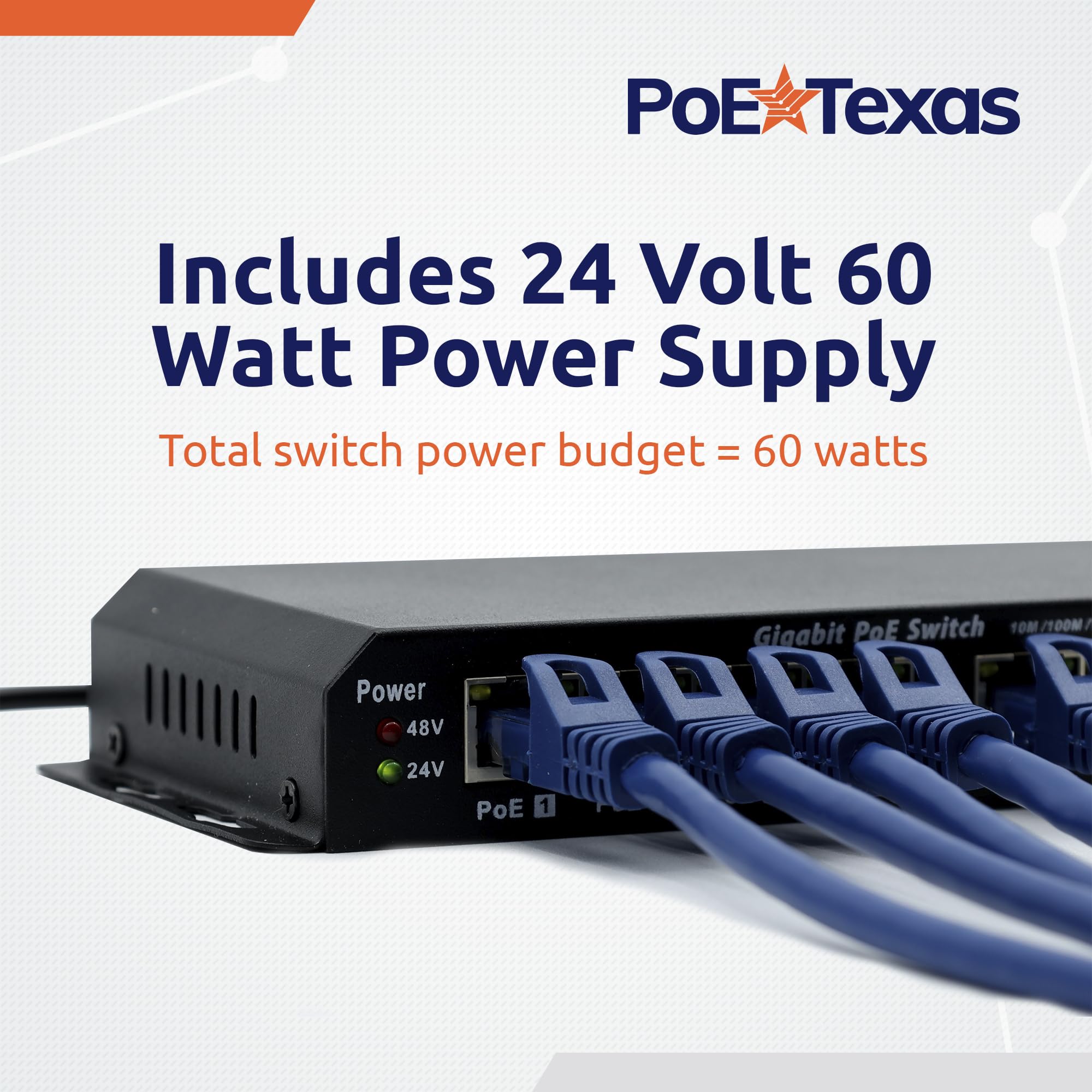 PoE Texas 8 Port Passive PoE Switch - 24v Passive Unmanaged Network Gigabit PoE Switch w/ 1 Uplink Port, Power 7 Devices, Includes 24 Volt 60 Watt Power Supply, for Ubiquiti & Mikrotik Devices