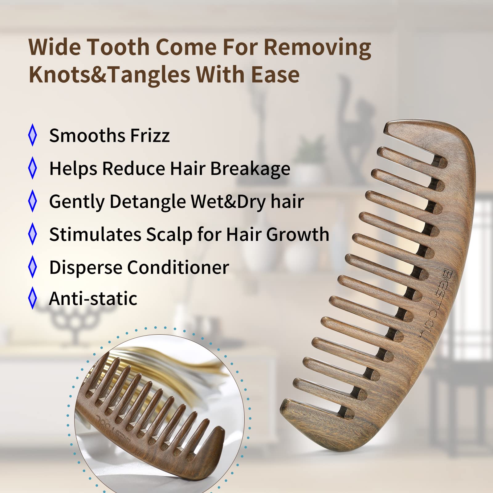BESTOOL Wide Tooth Comb,Extra Large Sandalwood Wide Tooth Comb 100% Natural Sandalwood Comb Detangler for Curly Long Thick Wet or Dry Hair Anti-static