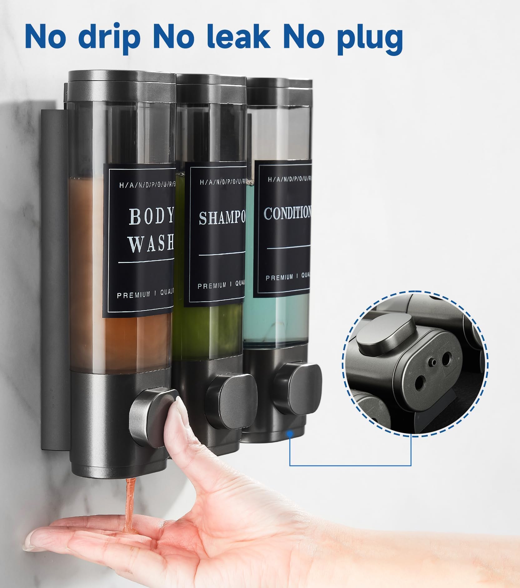Cabo Deseado Shower Soap Dispenser Wall Mounted No Drill Shampoo Dispenser for Shower Wall Shampoo and Conditioner Dispenser Bathroom Hotel 3 * 300ml Gungray with Labels
