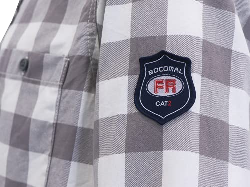 BOCOMAL FR Shirts Flame Resistant Plaid Shirt NFPA2112/CAT2 7.5oz Fire Resistant Gray/White Men's Fire Retardant Welding Shirt