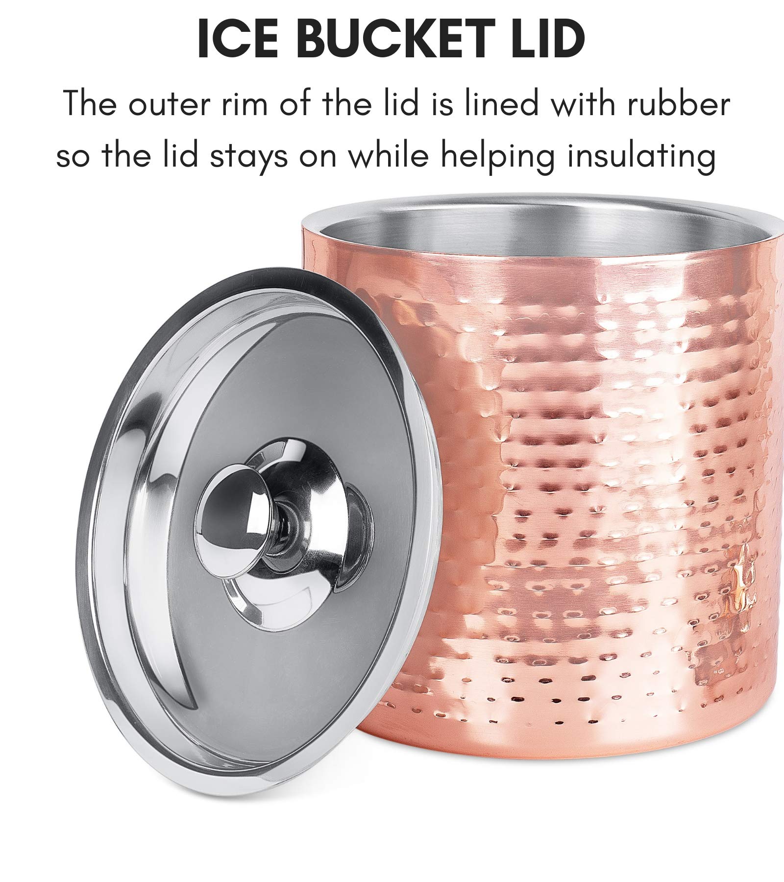 BirdRock Home Ice Bucket with Scoop & Lid - 2.8 Liter Hammered 18/8 Stainless Steel Container for Bar - Double Wall Insulated Bucket with Carrying Handle - Great for Parties - (Copper)