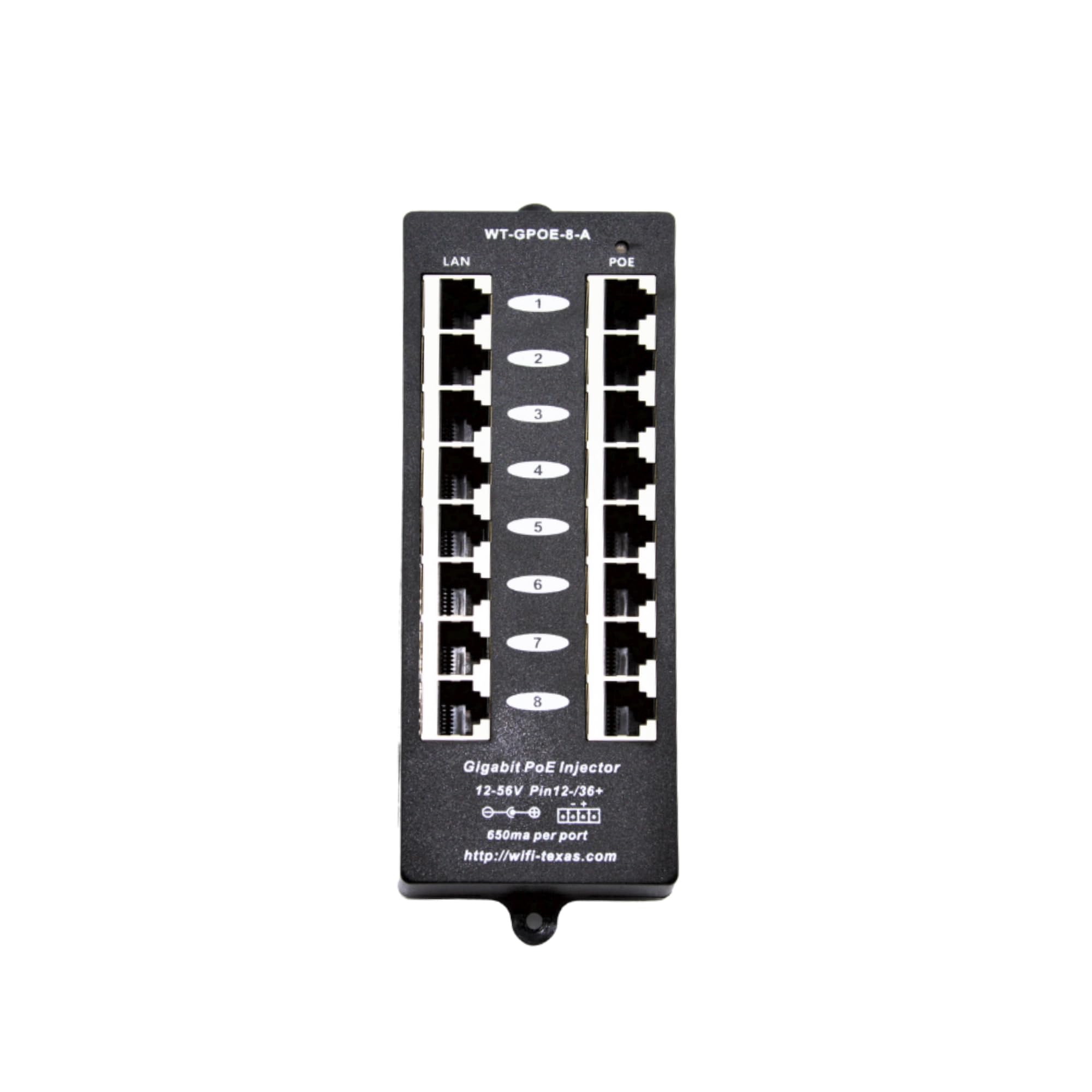 PoE Texas 8 Port PoE Injector - Gigabit Passive Power Over Ethernet Midspan - Front Wall Mount Solution for Security Cameras, IP Phones, WiFi APs - Add PoE to Non-PoE Switch (Without Power Supply)