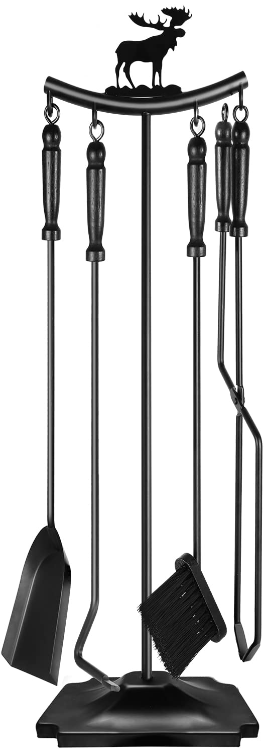 Firesrc 5Pcs Fireplace Tools Set Black Handle Wrought Iron and Holder Outdoor Fireset Fire Pit Stand Indoor Rustic Tongs Shovel Antique Brush Chimney Poker Wood Accessories Kit