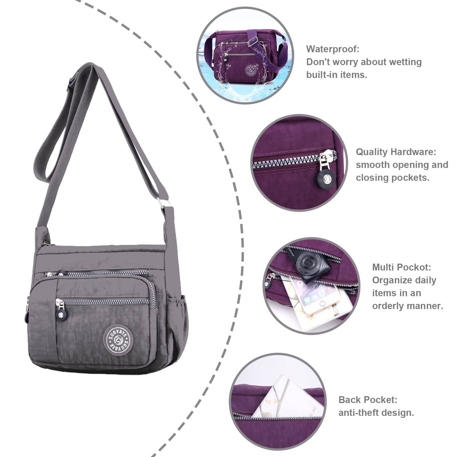 Hoaidon Women's Shoulder Purse Nylon Waterproof Lightweight Pocketbooks Crossbody Handbags