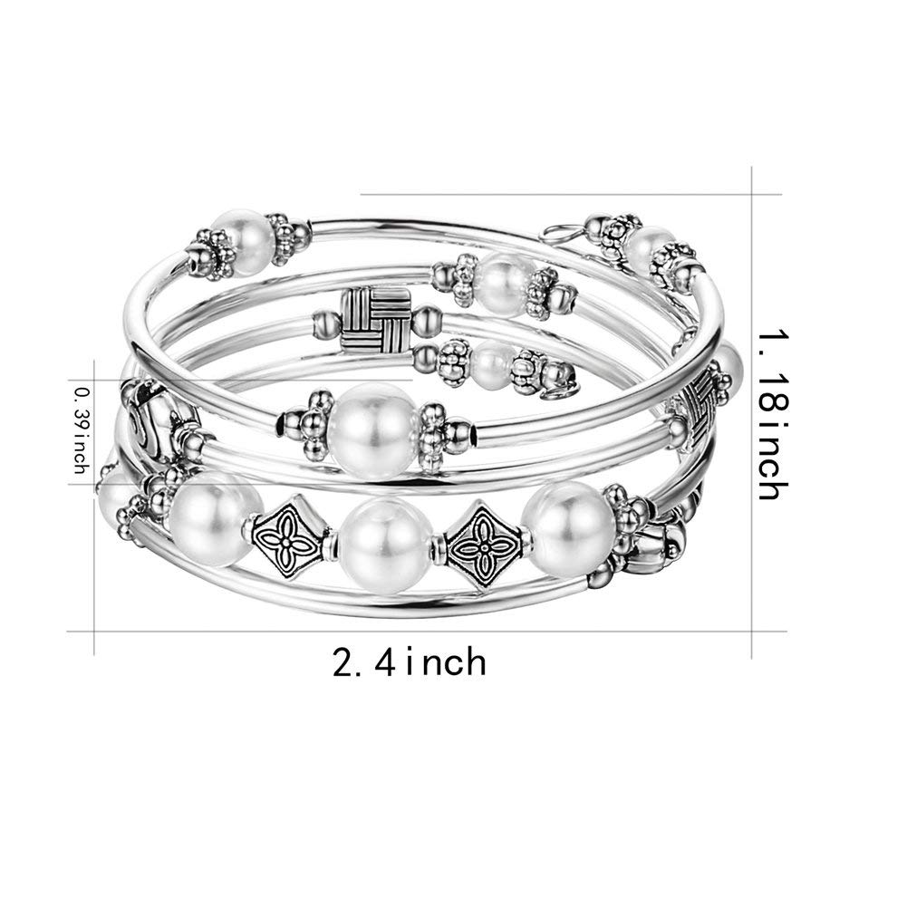 Beaded Pearl Bangle Wrap Bracelet - Fashion Bohemian Jewelry Multilayer Charm Bracelet with Thick Silver Metal Beads, Gift For Women (White)